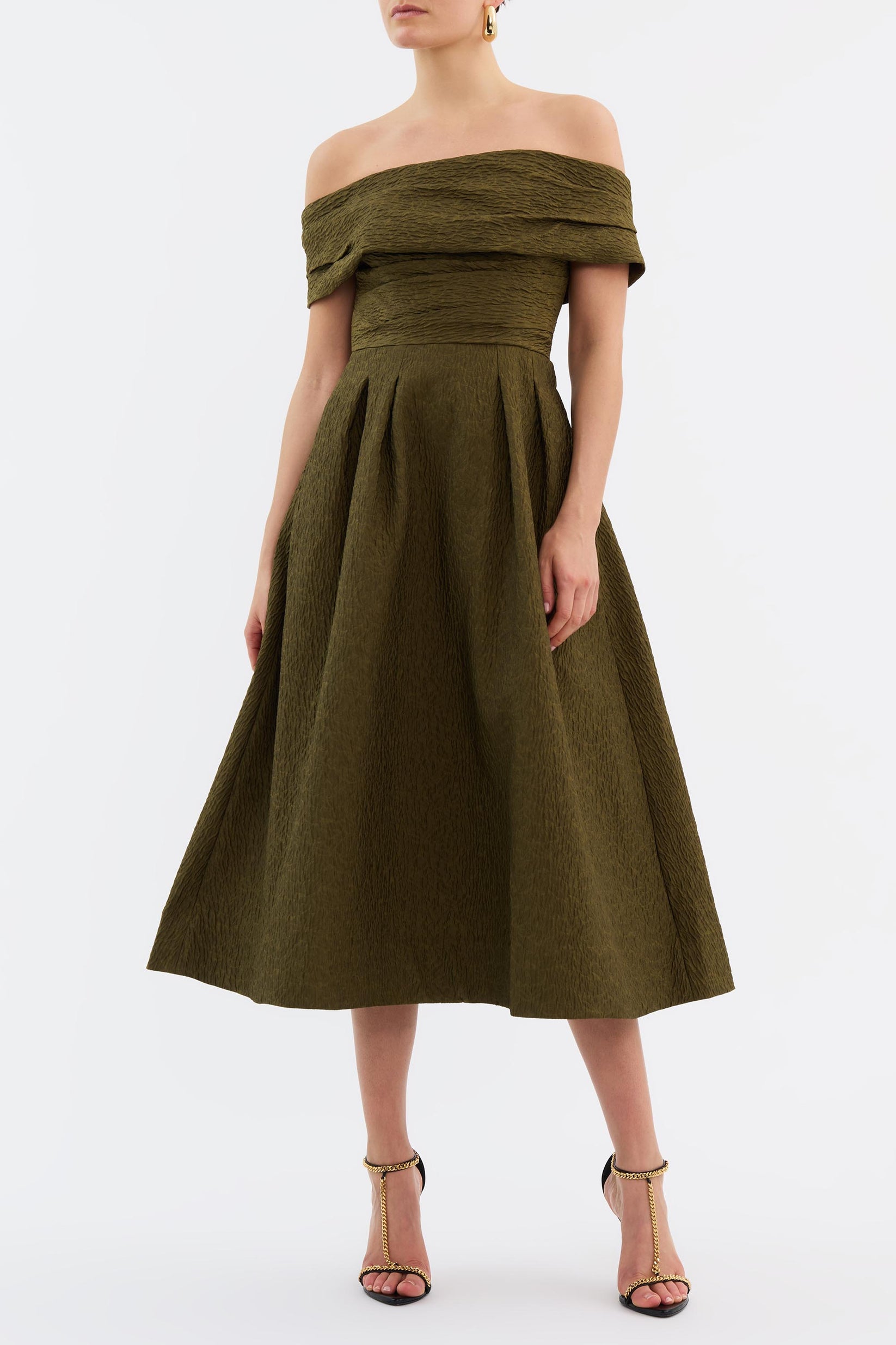 Adalyn Off The Shoulder Midi Dress Khaki – Rebecca Vallance